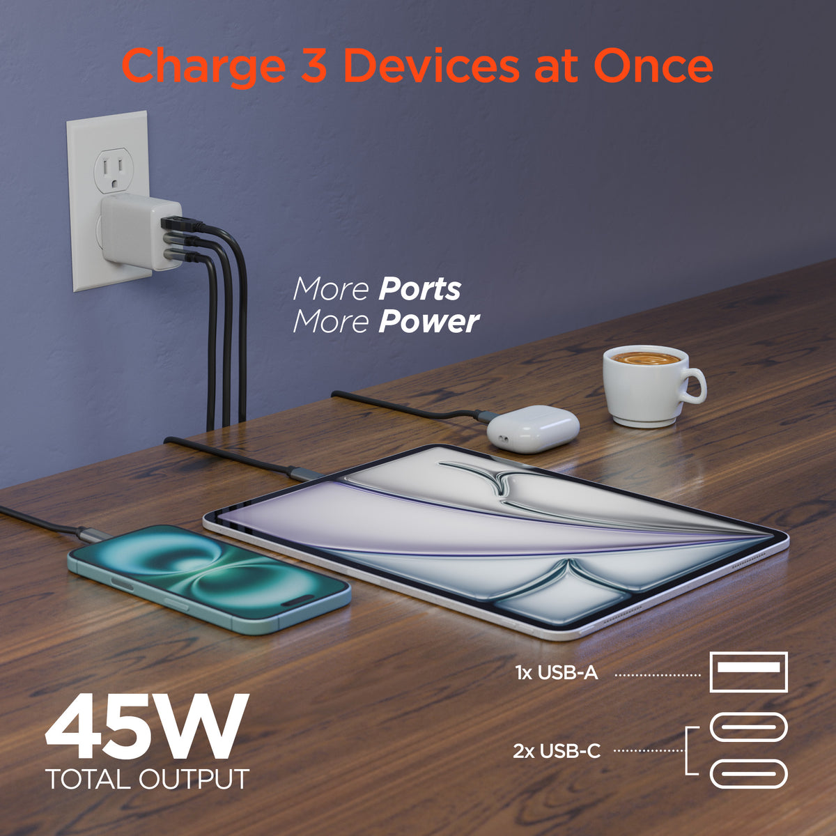 HyperGear Basics | 45W USB-C PD PPS Tri-Port GaN Fast Wall Charger | 3 ...